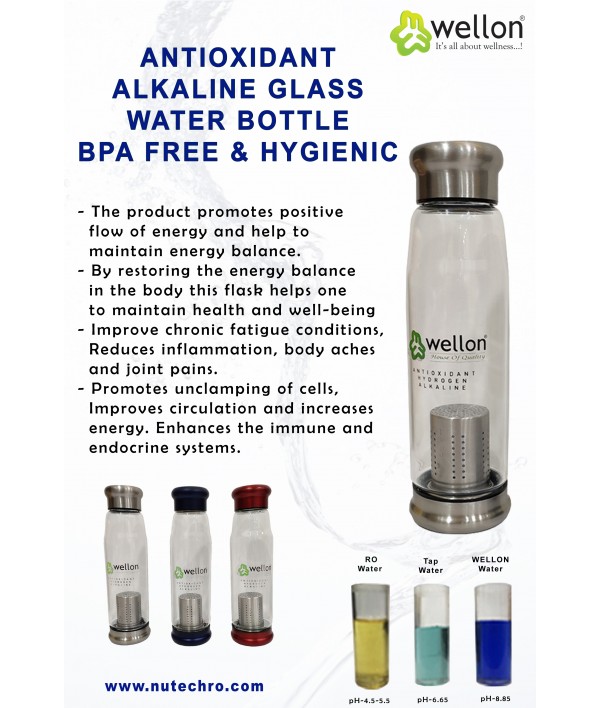 ANTIOXIDANT ALKALINE GLASS WATER BOTTLE BPA FREE & HYGIENIC 650 ml (Red)