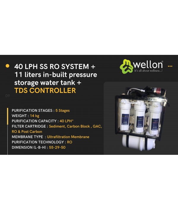 WELLON 40 LPH SS RO SYSTEM + 11 Liters in-built Pressure storage water ...